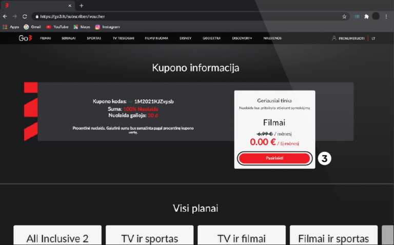 Kupono aktyvavimas - Go3 pagalba